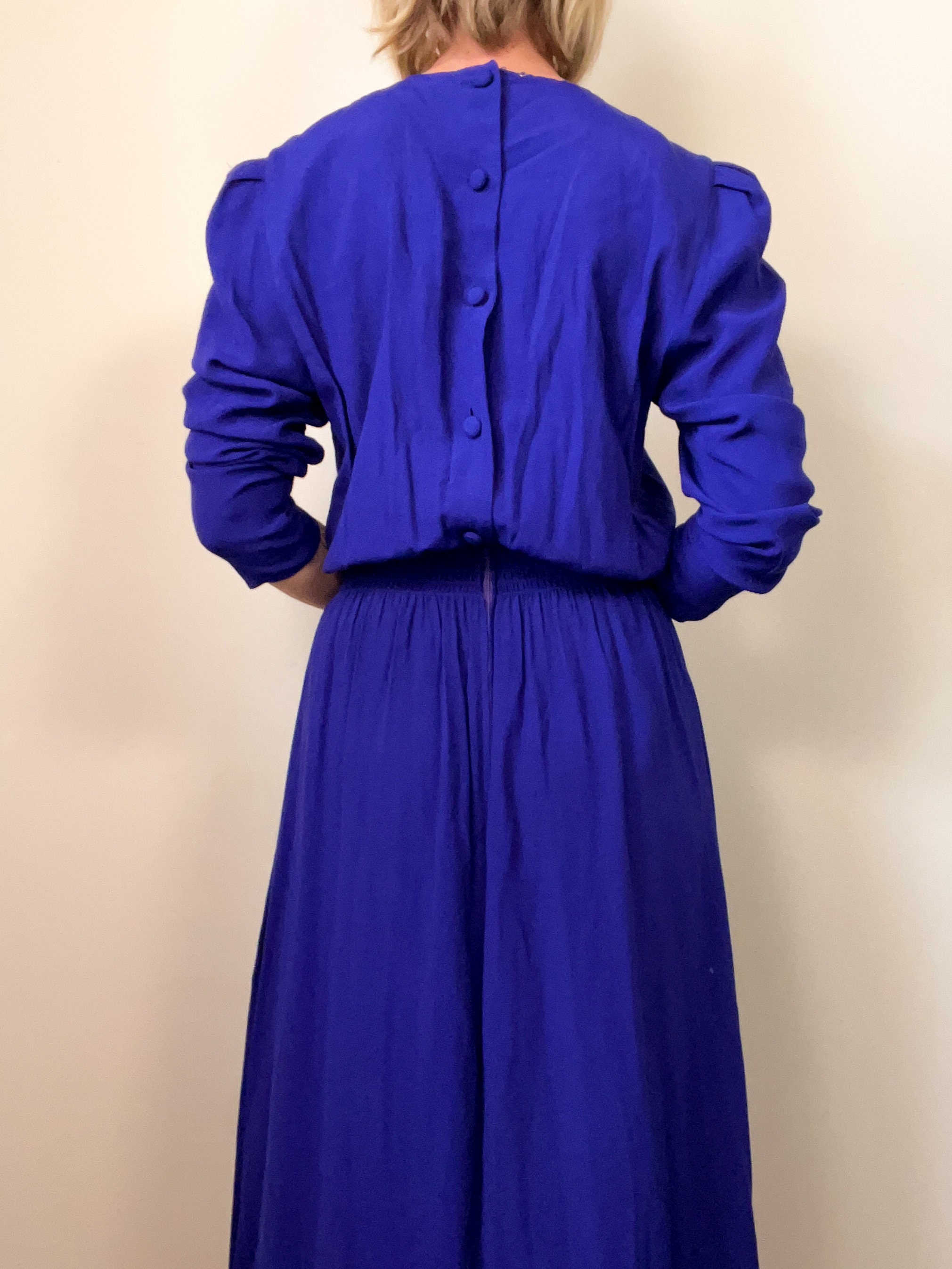 Vintage Violet Embroidered Midi Dress / Long Puff Sleeves / Fitted ...