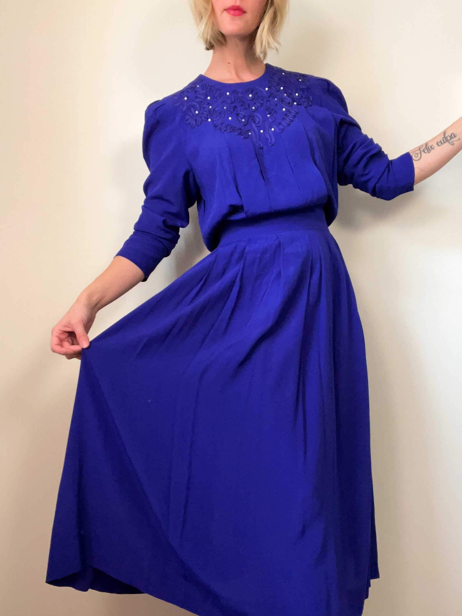 Vintage Violet Embroidered Midi Dress / Long Puff Sleeves / Fitted ...