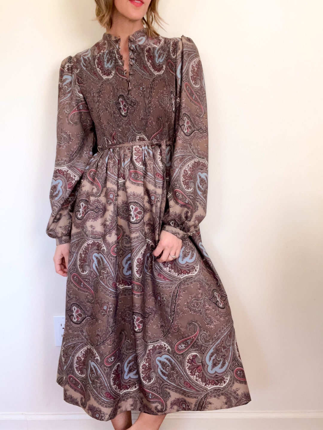 70s Vintage Smocked Paisley Midi Dress / S. Howard Hirsch / Tie Waist ...