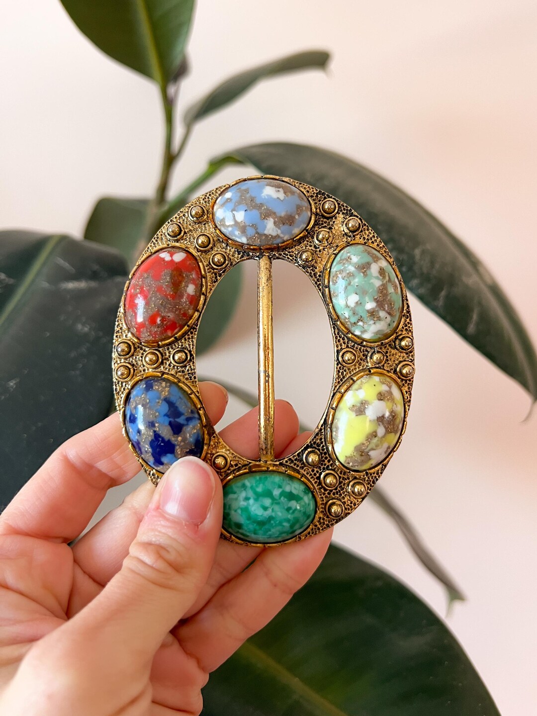 70s Vintage Large Cast Gold-tone Metal Buckle With Colorful Cabochons ...