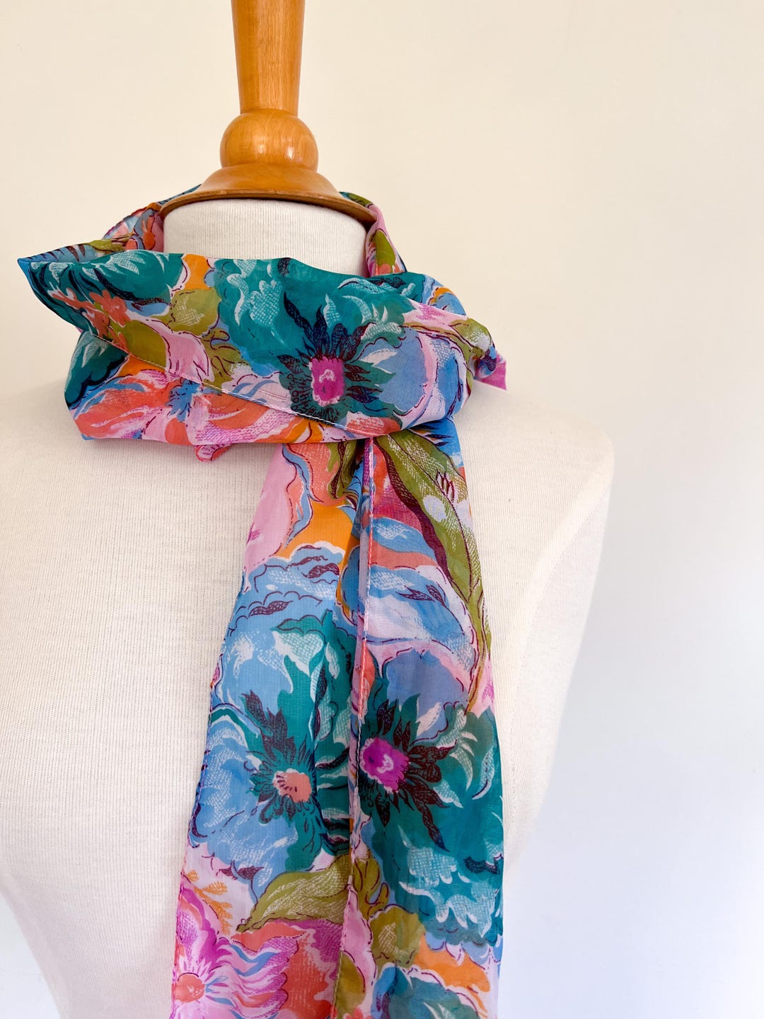 Vintage Sheer Tropical Floral Scarf / Liz Sinclair / Pink Blue Orange ...