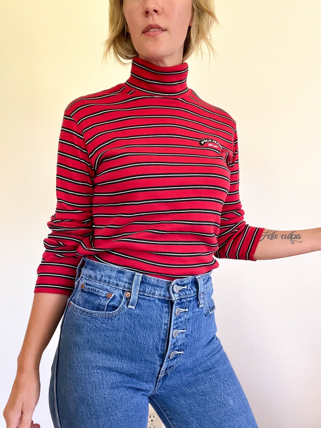 Vintage Horizontal Stripe Turtleneck / Polo Jeans / Red White Black ...