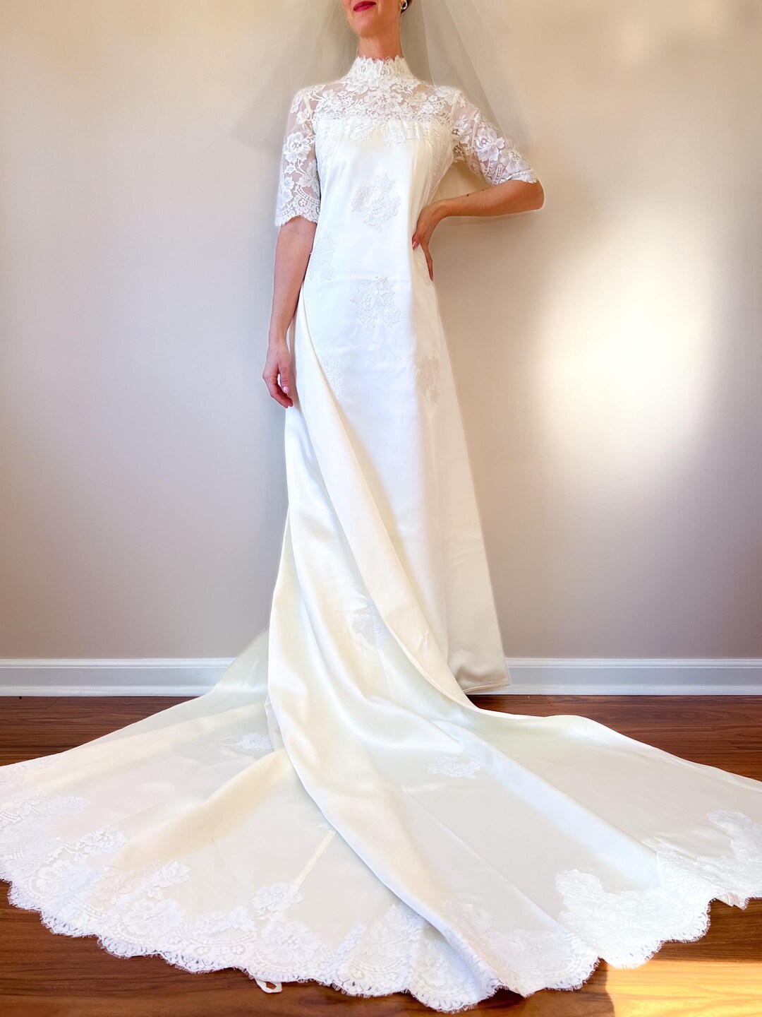 60s Vintage Ivory Satin Wedding Dress / Mauer Originals / Scalloped ...
