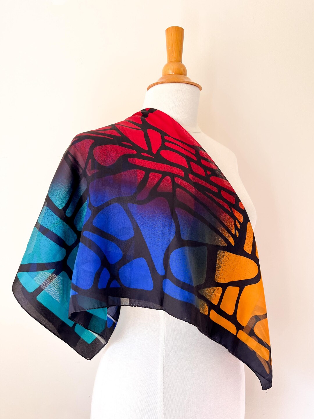 Vintage Colorful Butterfly Wing Scarf / 31.5" Square / Red Blue Orange ...