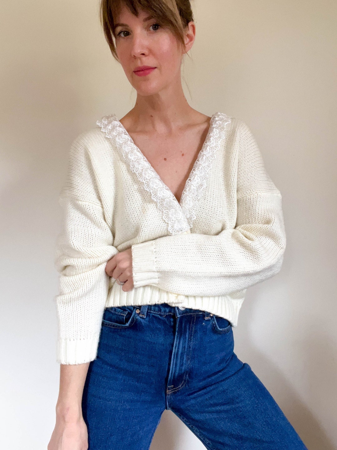 80s Vintage Cropped Cardigan With Lace Collar / Cream White / Deep V ...
