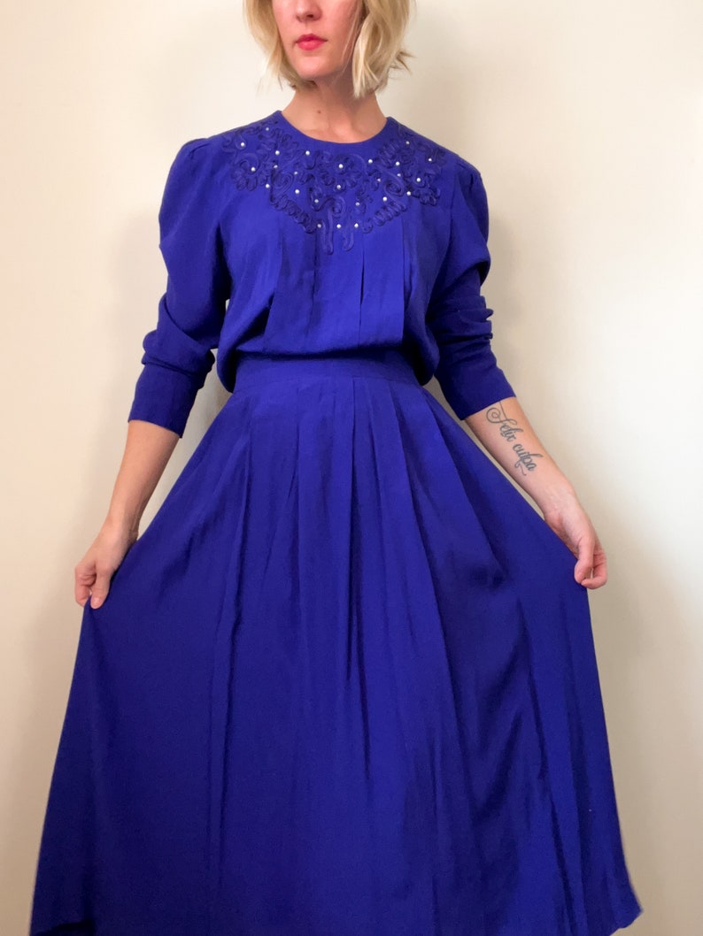 Vintage Violet Embroidered Midi Dress / Long Puff Sleeves / Fitted ...