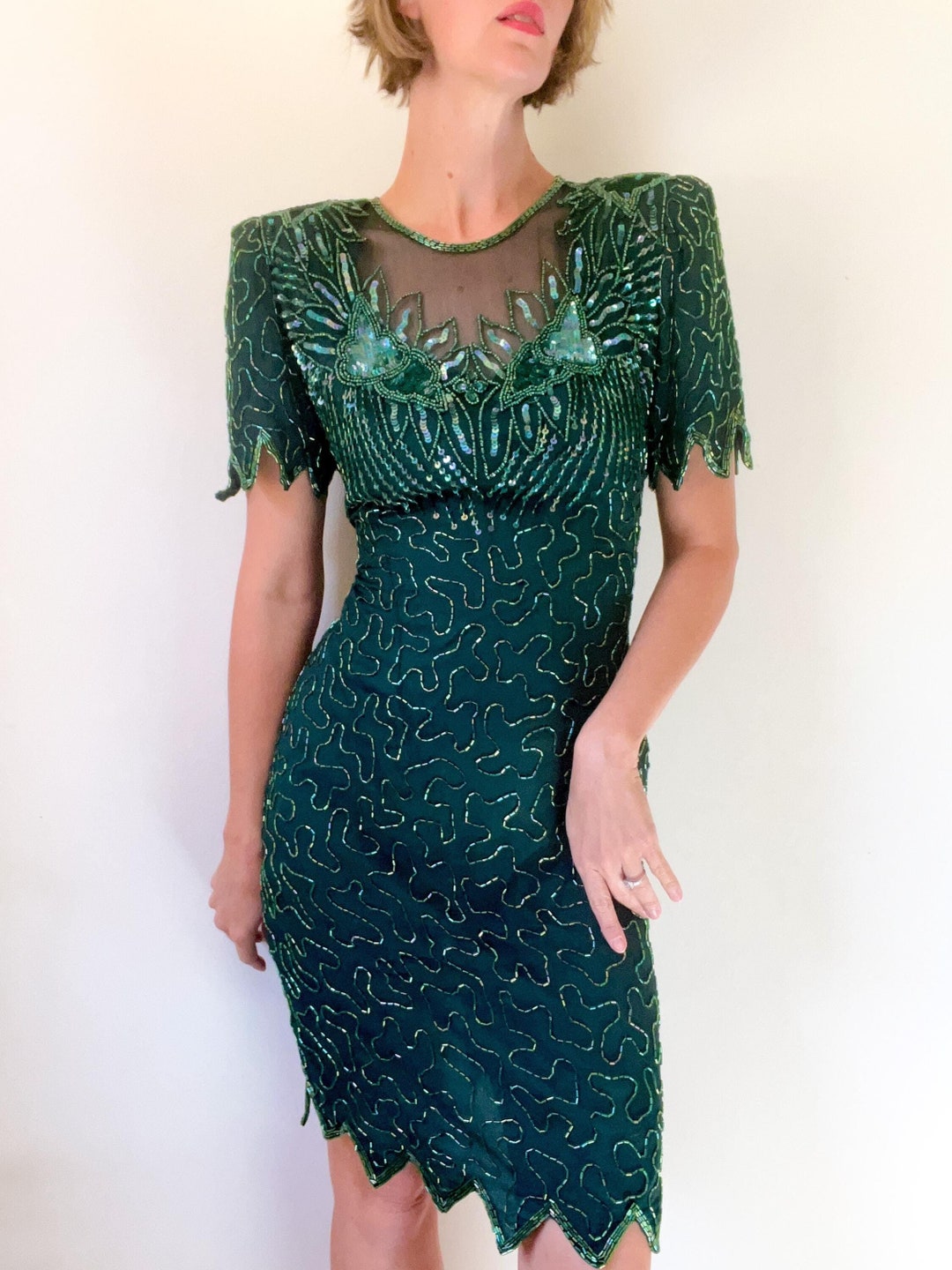 80s Vintage Emerald Silk Beaded Cocktail Dress / Denise Elle / Sheer ...