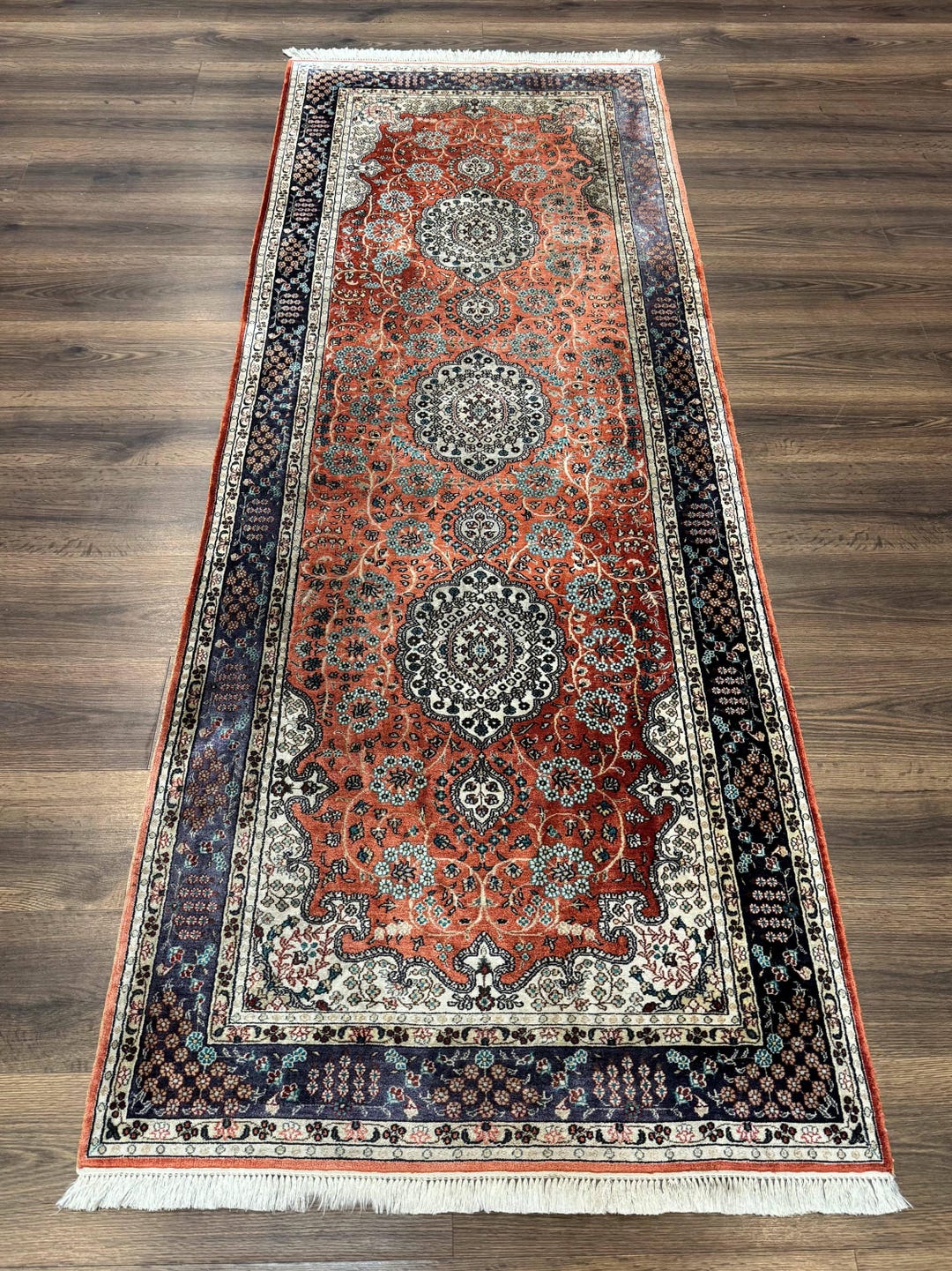 Turkish Silk Runner Rug 3x8, Short Runner Rug, Red, Floral Medallions ...