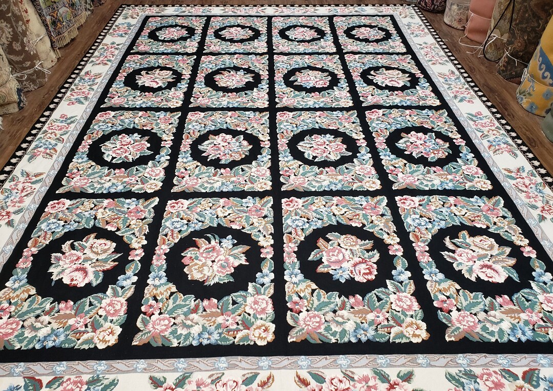 Floral Needlepoint Rug 9.5 X 13.6 Floral Panel Design Black - Etsy UK