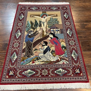 Persian Pictorial Rug 3x5, Rare Christian Rug, Jesus on Cross, Hand ...