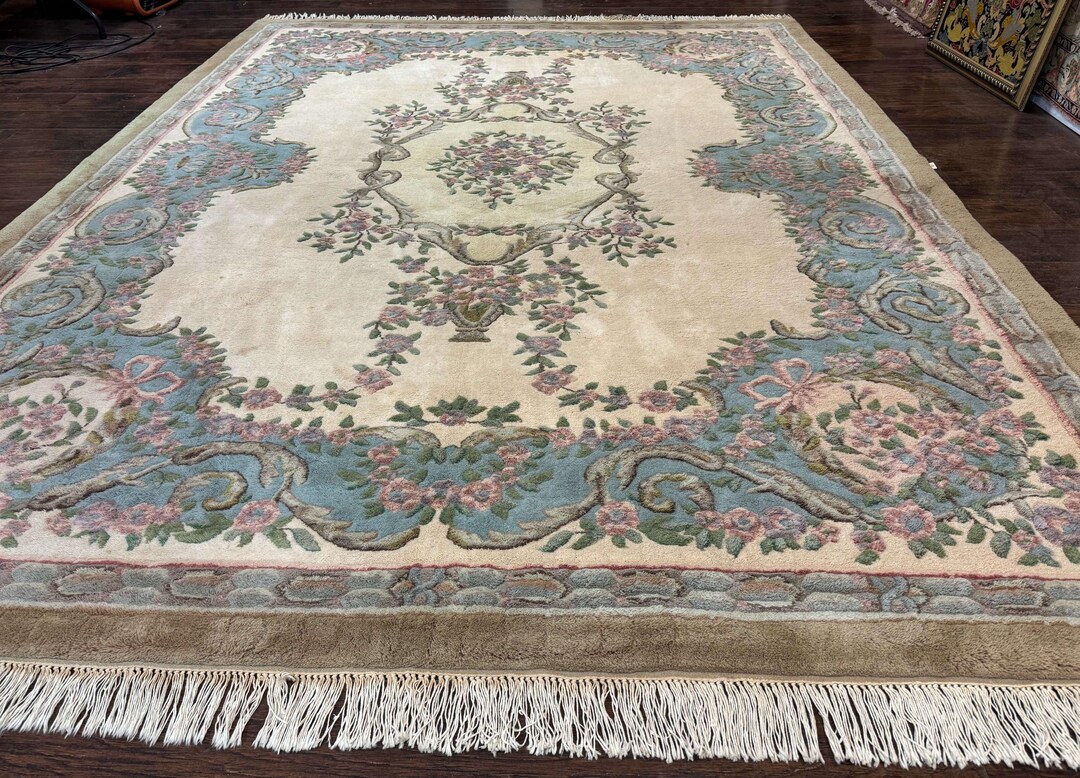 Indo Chinese Aubusson Rug 9x12, Beige and Light Blue, European Design ...