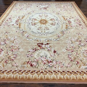 Aubusson Rug 9x12, Elegant Savonnerie Carpet 9 X 12 Ft, Beige Ivory Tan ...
