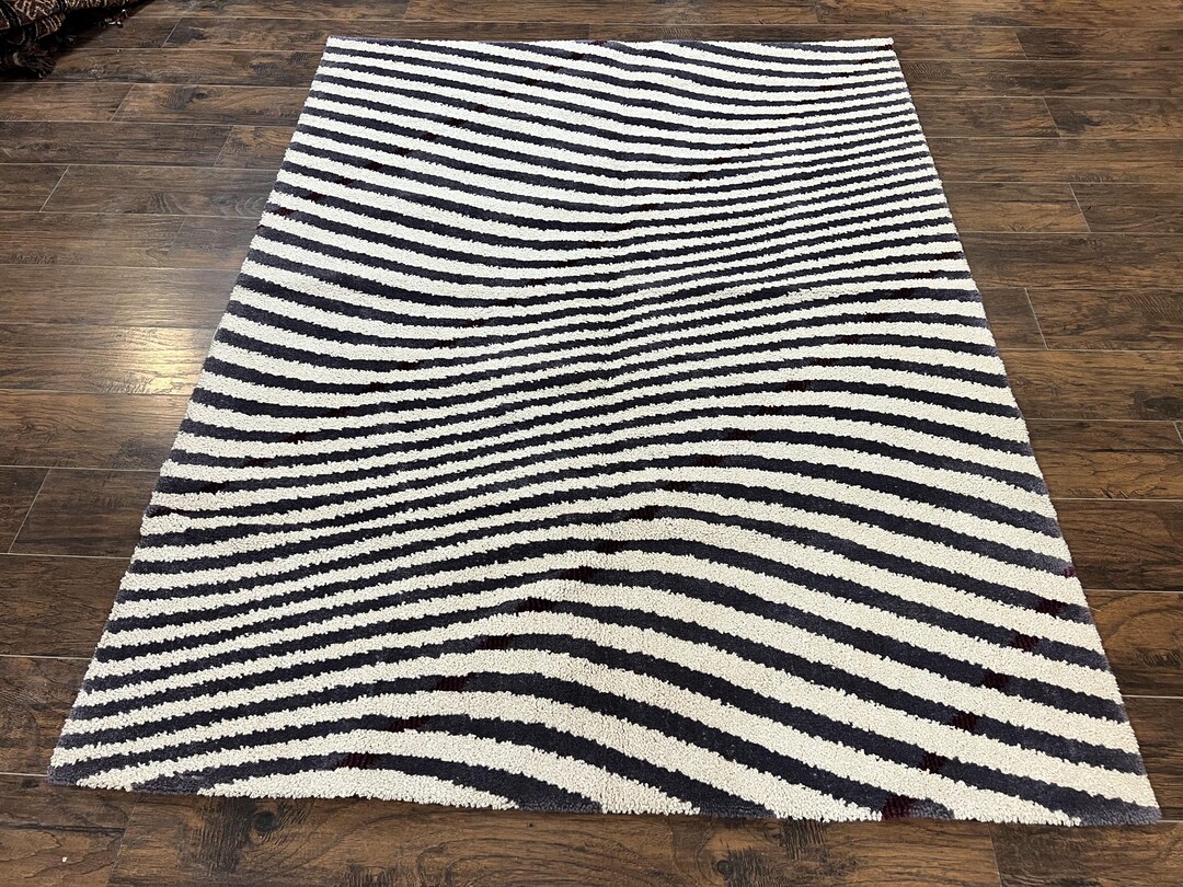 Vintage Zebra Stripes Shag Rug 5.7 X 7.4, Black and White, Retro, Wool ...
