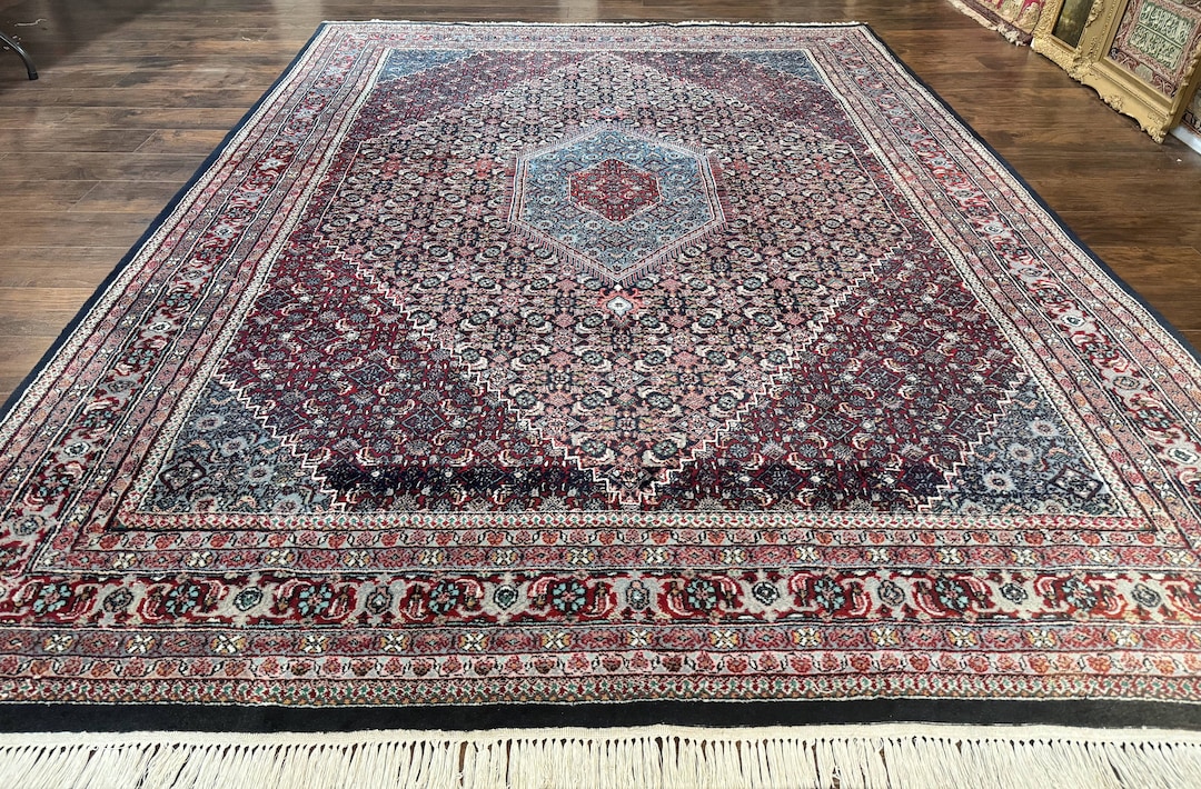 Indo Persian Bidjar Rug 8x11, Herati Mahi Pattern, Red Navy Blue ...