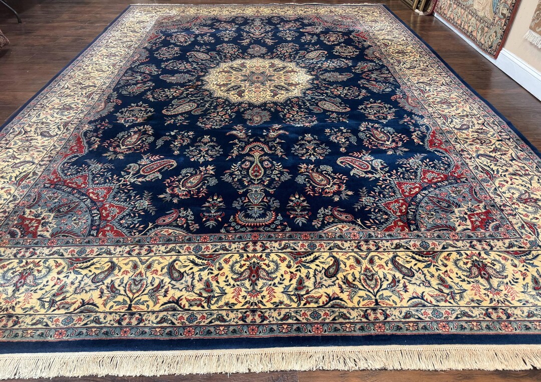 Sino Persian Kerman Rug 10x14, Blue and Beige, Floral Medallion, Fine ...
