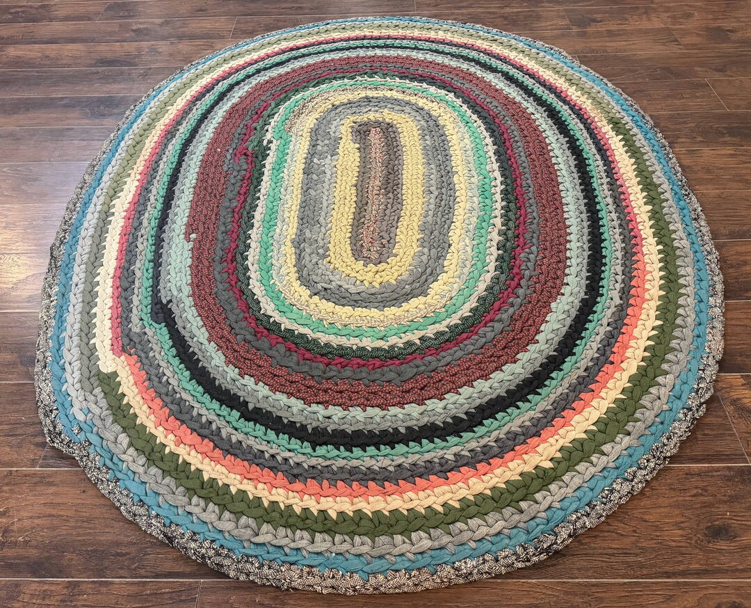 Antique American Braided Rug 5x7, Oval Multicolor Handmade Wool Braided ...