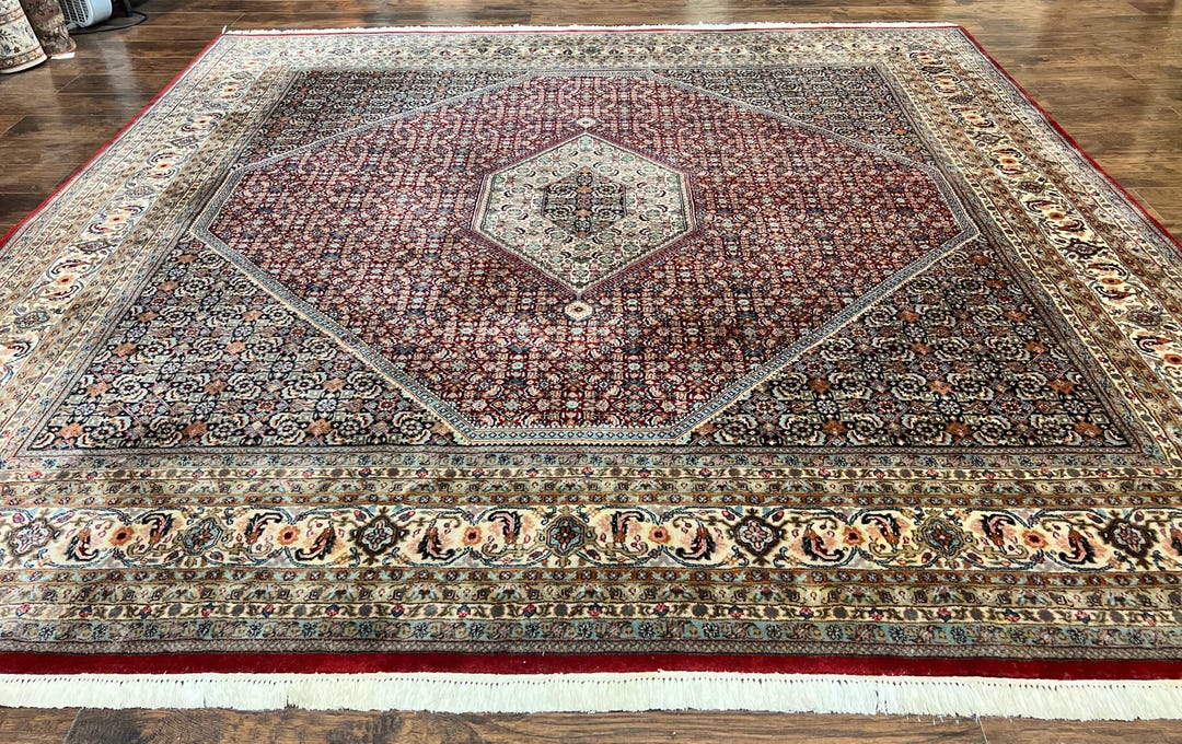 Square Indo Persian Bidjar Rug 10x10, Red, Handmade Vintage Wool Carpet ...