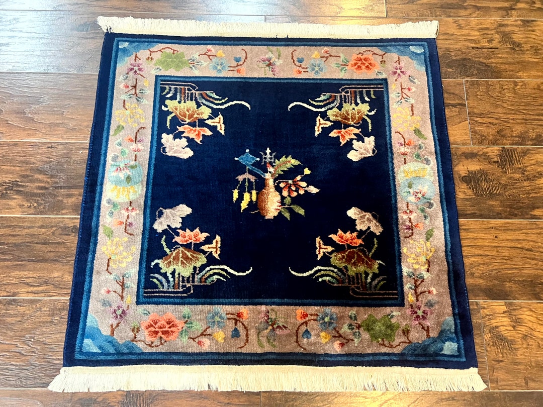 Small Square Chinese Nichols Wool Rug 3x3 Ft, Blue, Handmade, Antique ...