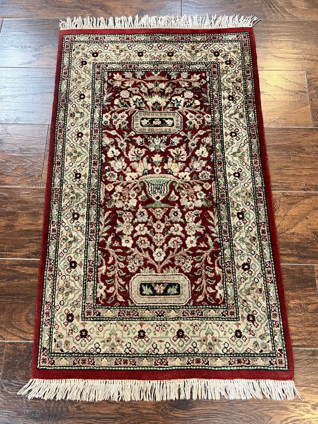 Small Pak Persian Kirman Rug 2x3, Floral Vase Design, Red and Beige ...