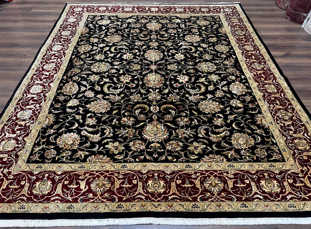 Indo Persian Rug 8x10, Black and Maroon Floral Allover Wool and Silk ...