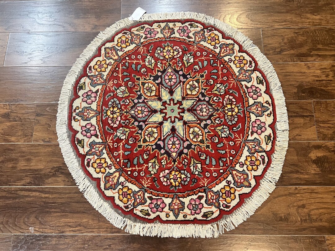 Round Persian Rug 3x3, Small Round Oriental Carpet, Floral Medallion ...