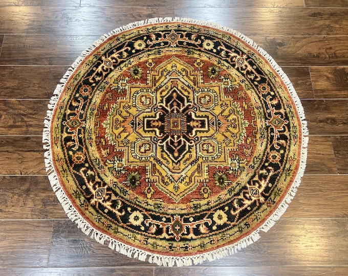 Round Indo Persian Rug 4x4, Wool Hand Knotted Vintage Carpet, Red Gold ...