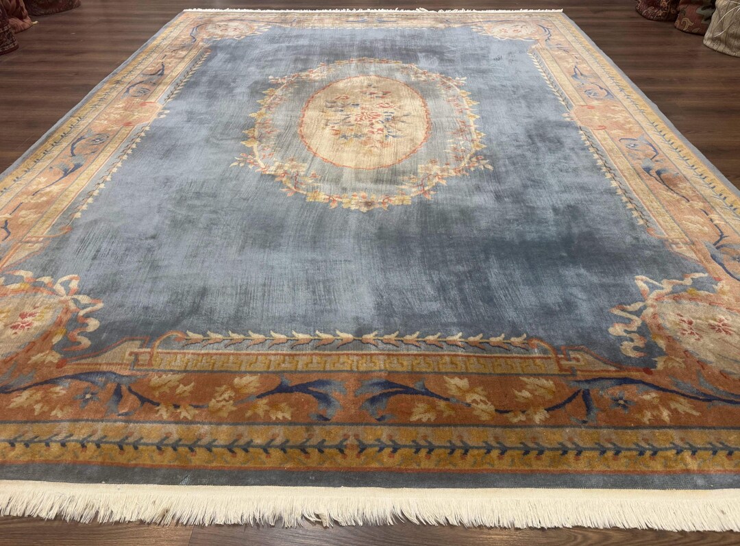 Chinese Aubusson Wool Rug 9x11, Light Blue and Salmon, Hand Knotted ...