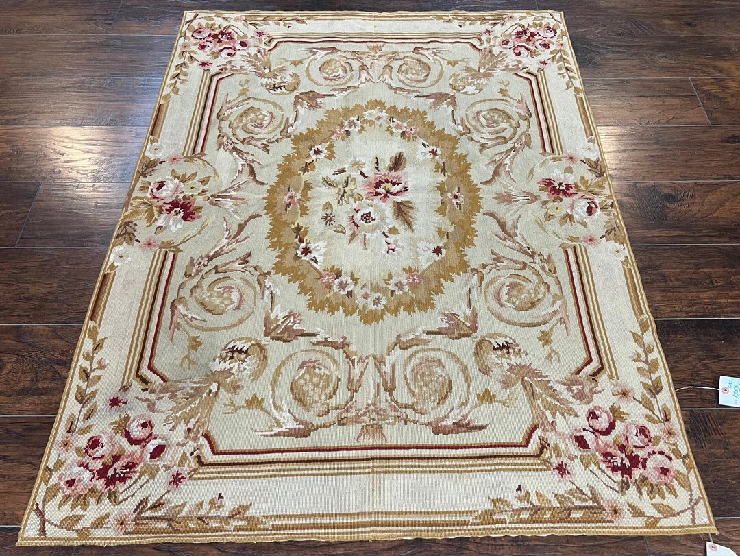 Aubusson Needlepoint Rug 4x5 Ft, Beige and Tan, Aubusson Savonnerie ...