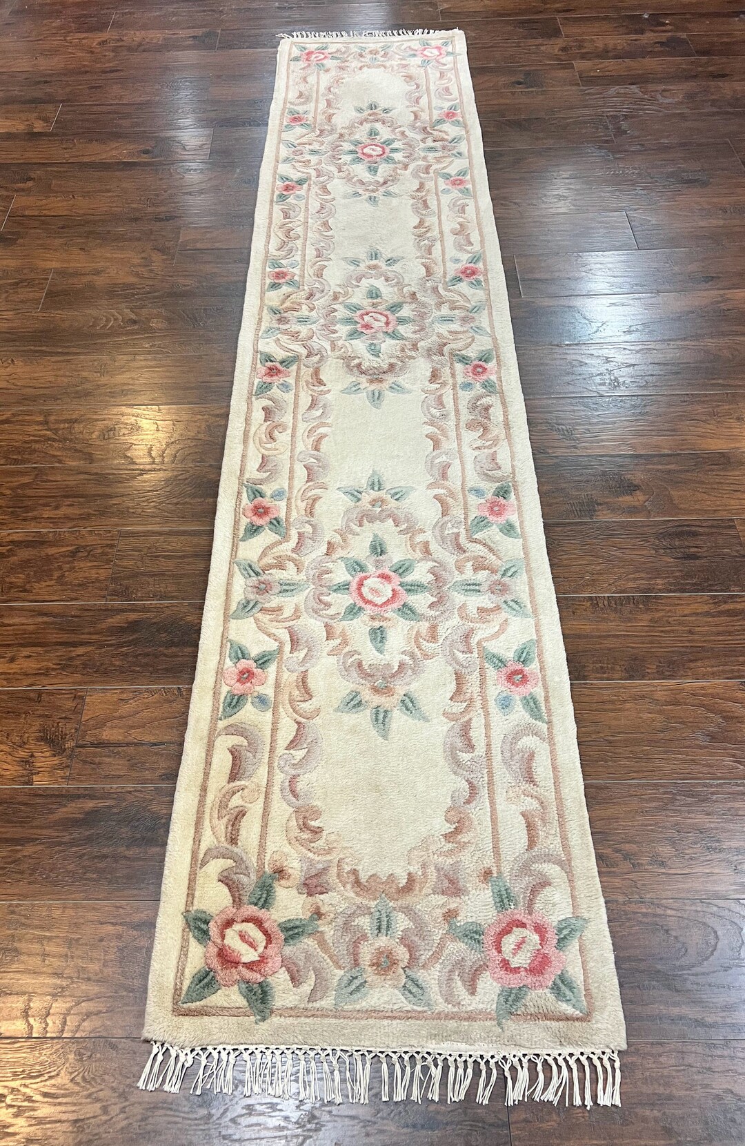 Chinese Aubusson Runner Rug 2.4 X 11, Hand Tufted Beige Floral European ...