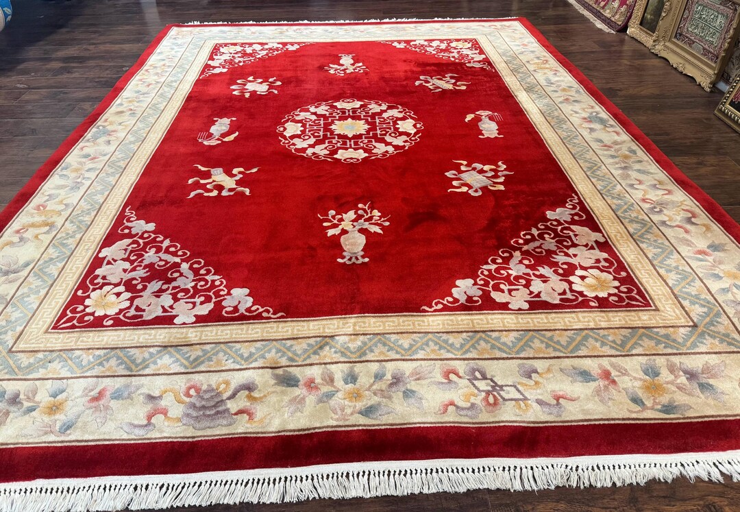 Chinese Wool Rug 8.6 X 11, Red and Beige Asian Oriental Carpet, Plush ...