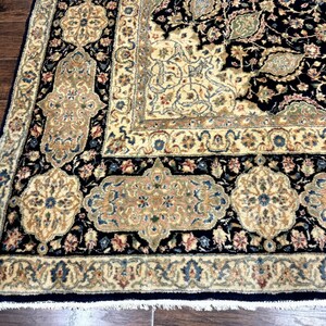 Large Persian Kerman Rug 10x14, Navy Blue and Beige, Floral Medallion ...