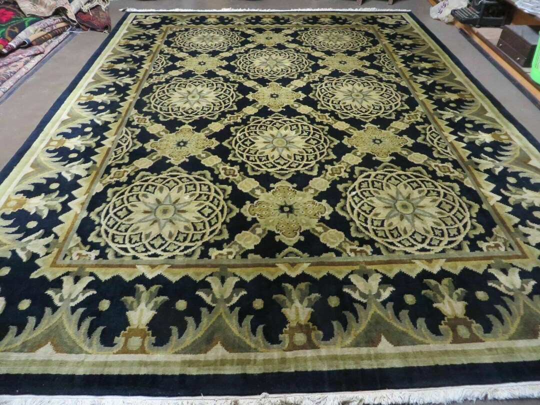9' X 12' Modern Handmade Tibetan Nepal Wool Rug Savonnerie Design Gold ...