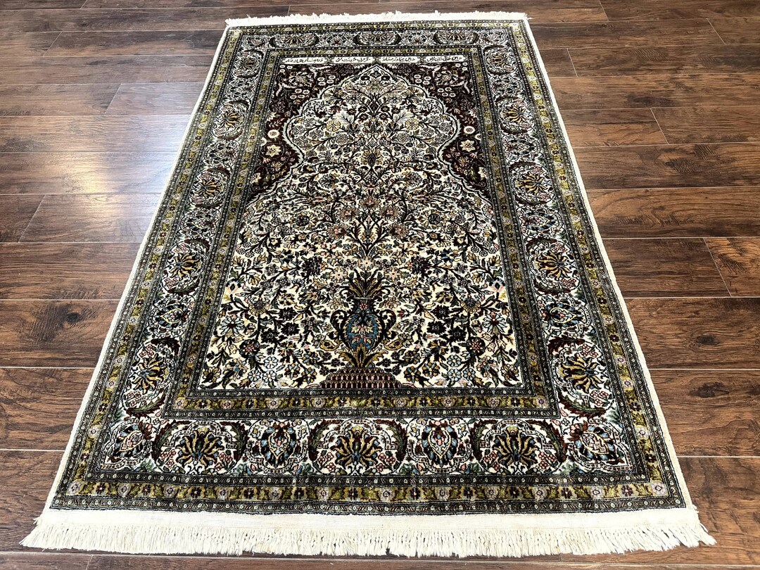 Silk Indian Kashmiri Prayer Rug 4x6, Tree of Life Floral Pattern ...