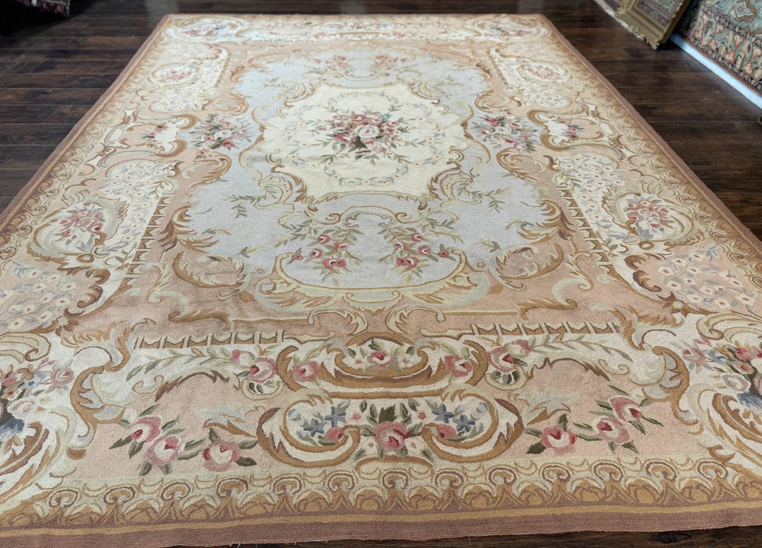 Hooked Aubusson Rug 8x11, Light Blue Ivory Beige Pink, Elegant European ...