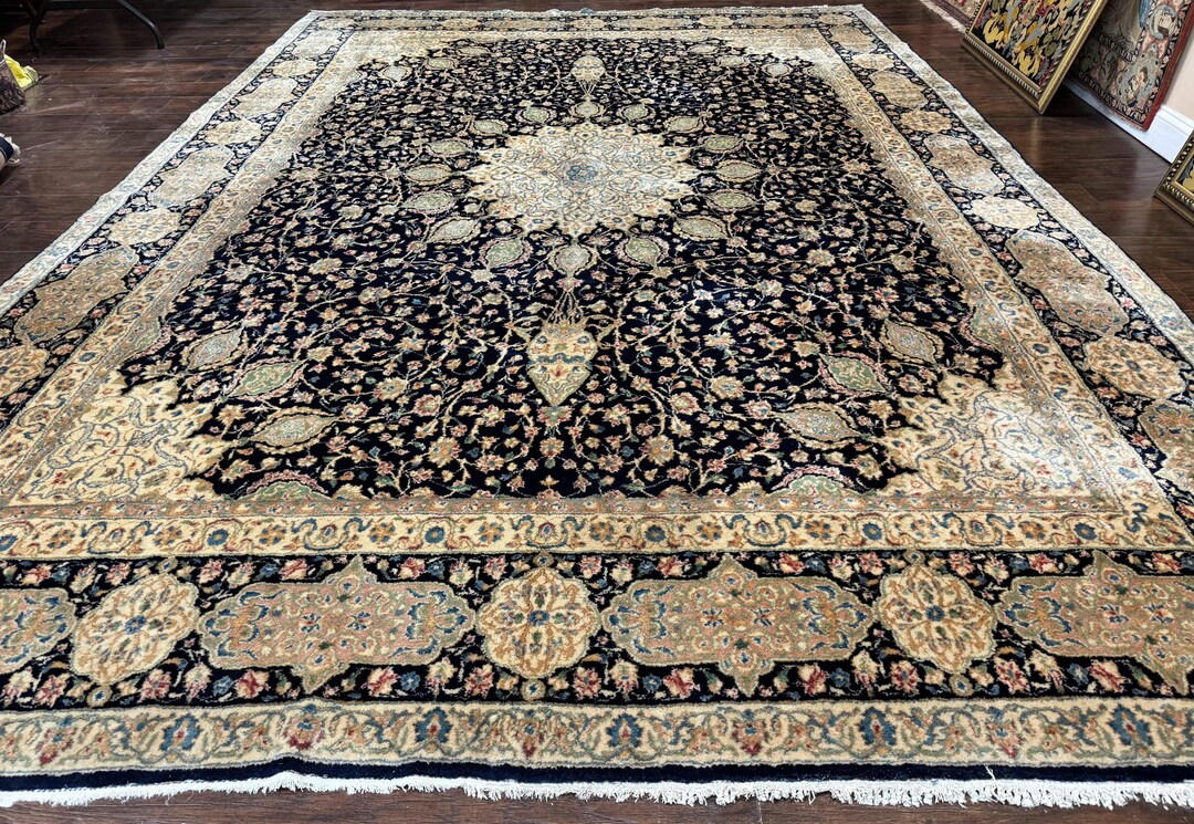 Large Persian Kerman Rug 10x14, Navy Blue and Beige, Floral Medallion ...