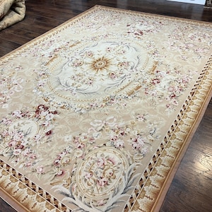 Aubusson Rug 9x12, Elegant Savonnerie Carpet 9 X 12 Ft, Beige Ivory Tan ...