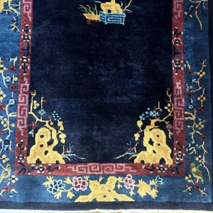 Antique Chinese Peking Rug 3x6, Dark Blue, Bird Motif, Handmade Wool ...