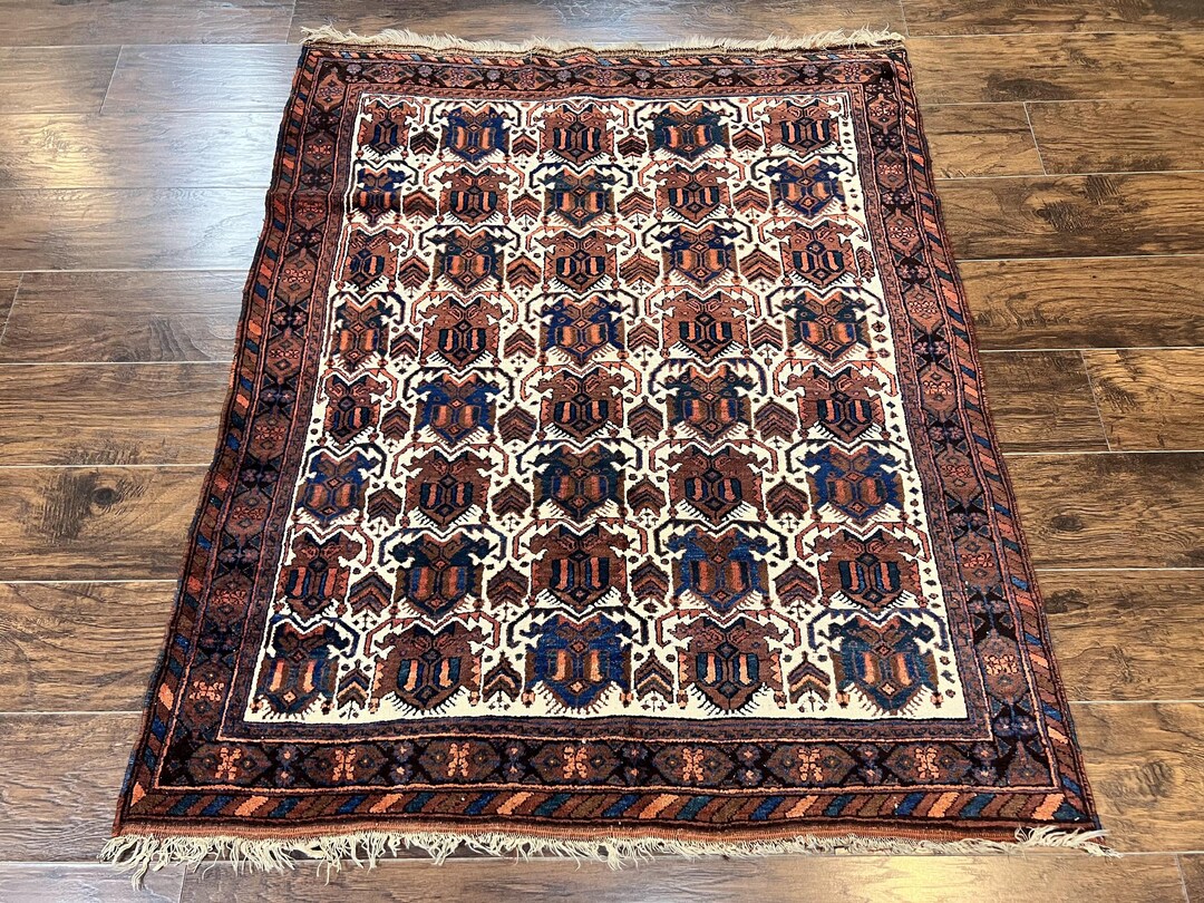 Persian Rug 4x5, Repeated Motif, Ivory & Burgundy, Wool Tribal Oriental ...