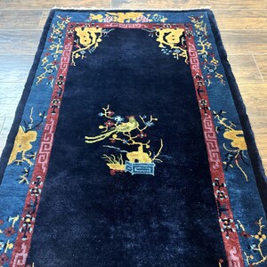 Antique Chinese Peking Rug 3x6, Dark Blue, Bird Motif, Handmade Wool ...