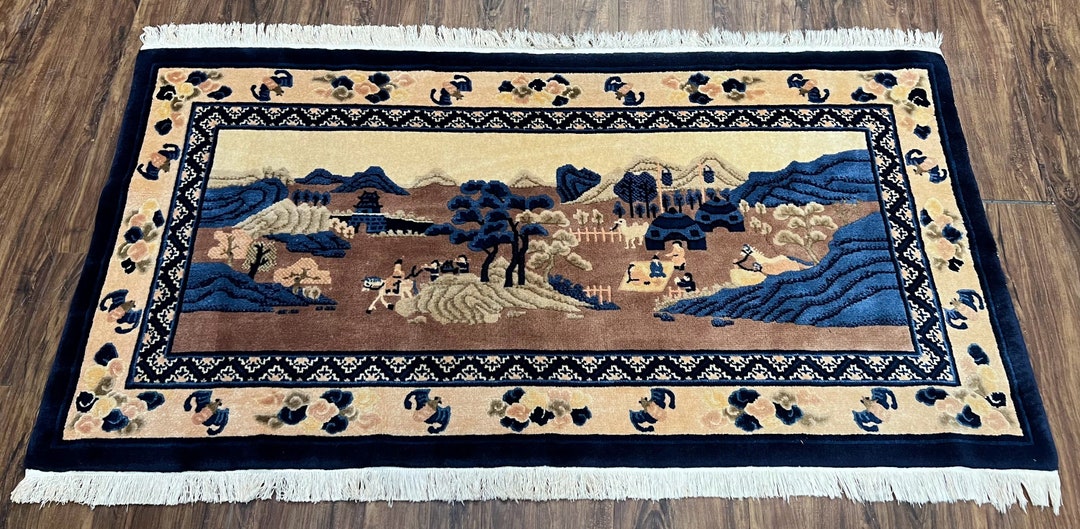 Antique Chinese Pictorial Rug 2.7 X 5, Chinese Village and Hills Carpet ...