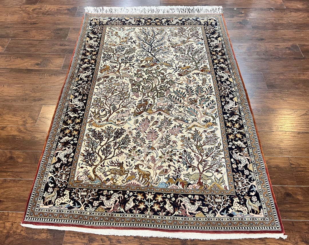 Persian Tree of Life Rug 5x7, Wool and Silk Highlights, Animal Motifs ...