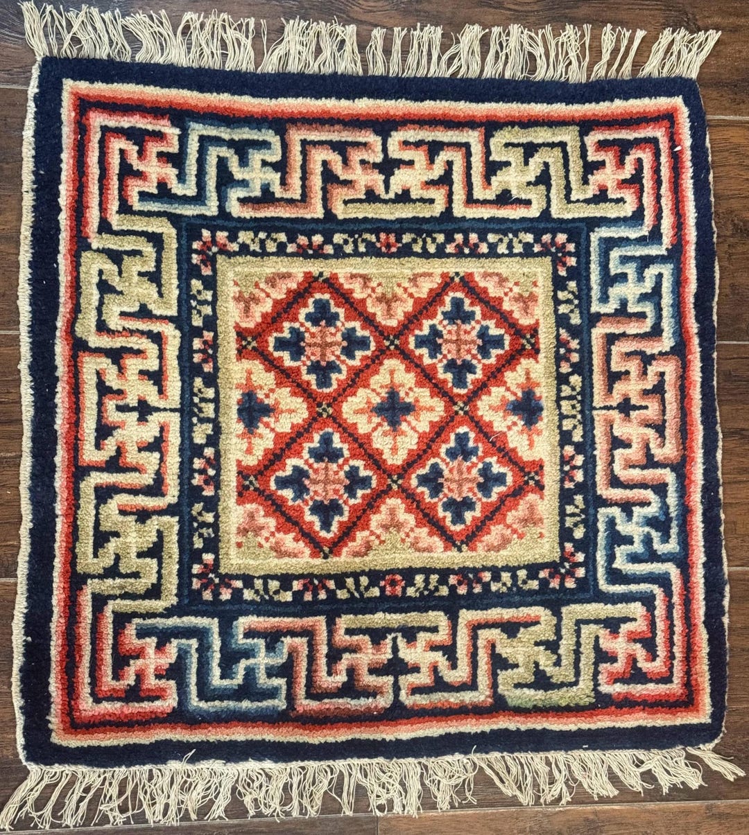Small Antique Chinese Rug 2x2, Red Blue Square Rug Mat, Handmade ...