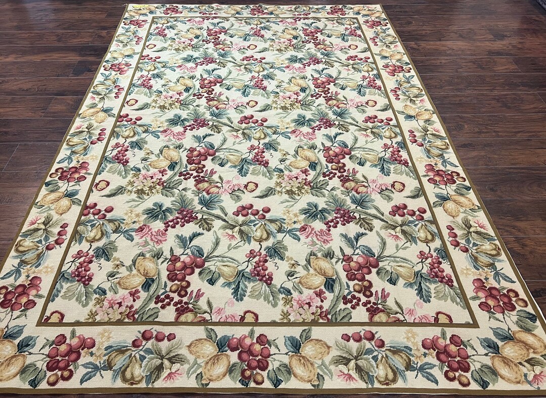 Floral Needlepoint Rug 6x9, Fruits Grapes Allover Floral Design, Beige ...
