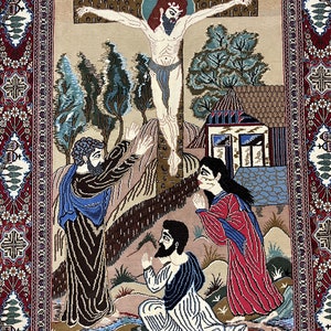 Persian Pictorial Rug 3x5, Rare Christian Rug, Jesus on Cross, Hand ...
