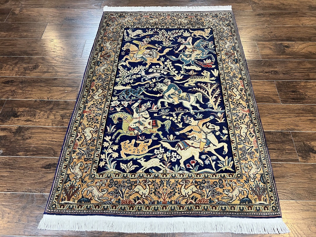 Persian Hunting Design Rug 4x5, Wool Hand Knotted Vintage Oriental ...