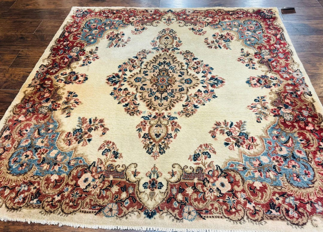 Square Persian Kerman Rug, Beige/cream and Light Blue, Traditional ...