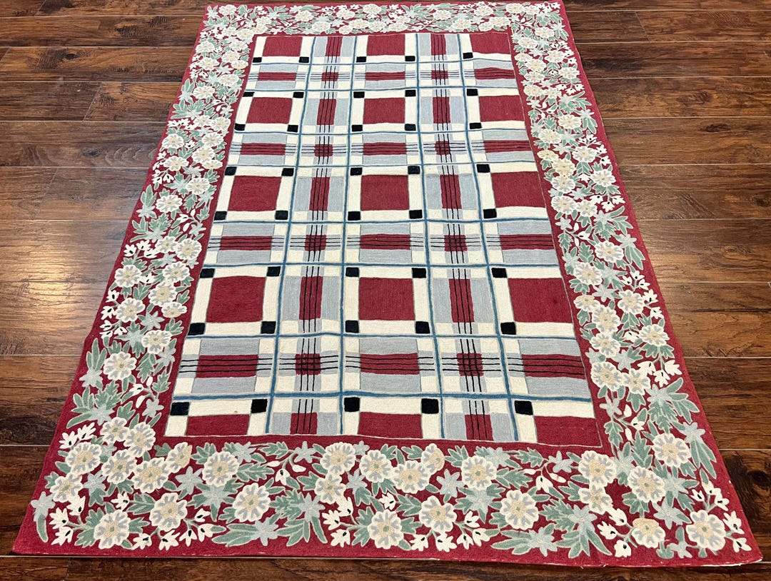 Indian Hand Stitched Rug 4x6, Vintage Carpet, Checkerboard Floral ...