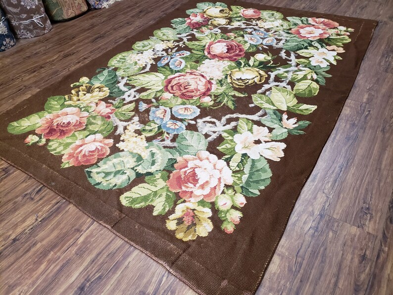 Floral Needlepoint Rug Medium Rug Vintage Area Rug Handmade - Etsy