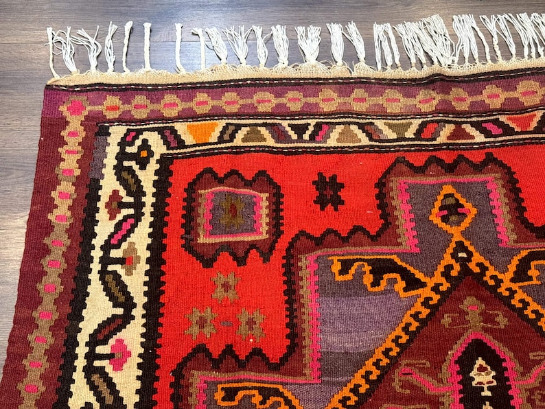 Persian Kurdish Zarand Kilim Rug 5x9, Red, Geometric Medallions, Wide ...