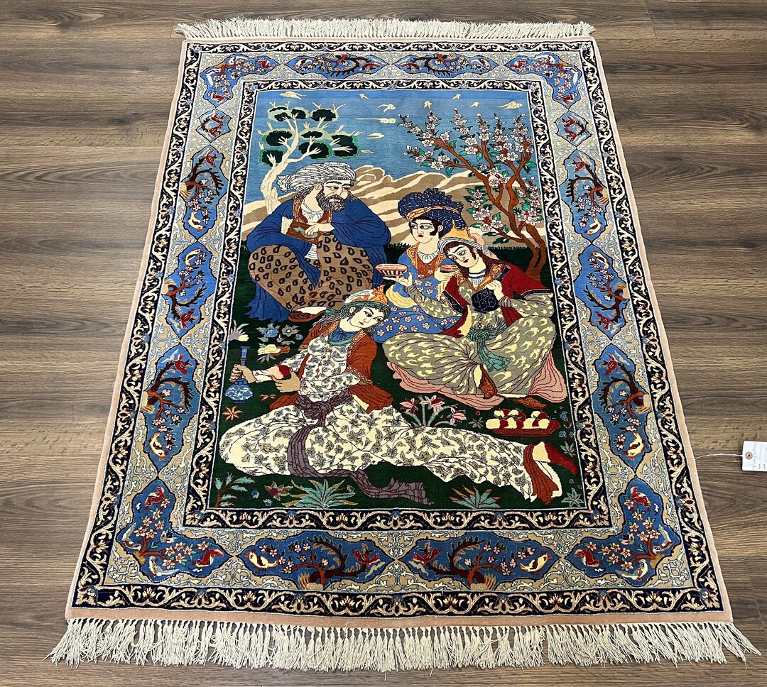 Fine Persian Pictorial Rug 3.7 X 5, Kork Wool on Silk Foundation, Blue ...